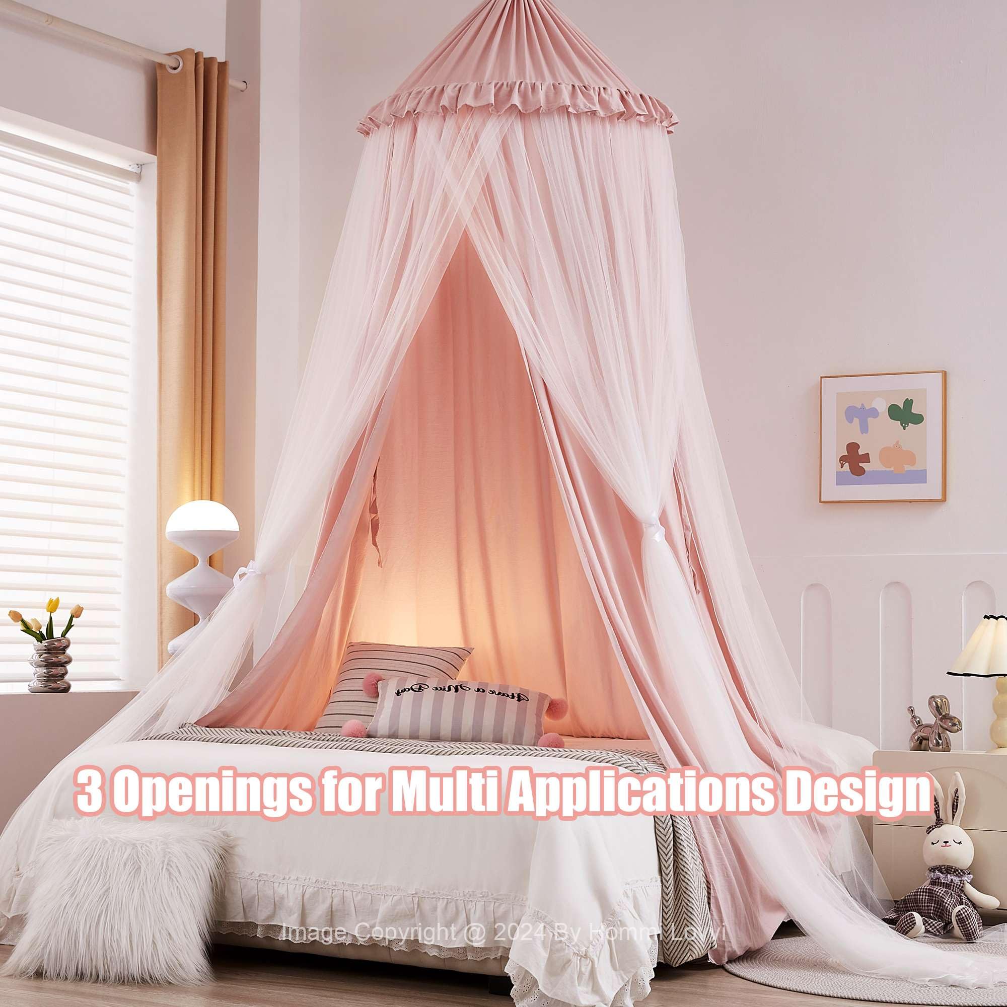 Hommi Lovvi Double Layers Bed Canopy with Star Lights, 3 Pieces Layers Canopy for Girls Bed, Princess Round Dome Dreamy Play Tent, Hanging Kids Reading Nook Mosquito Net, Machine Washable - Light Pink