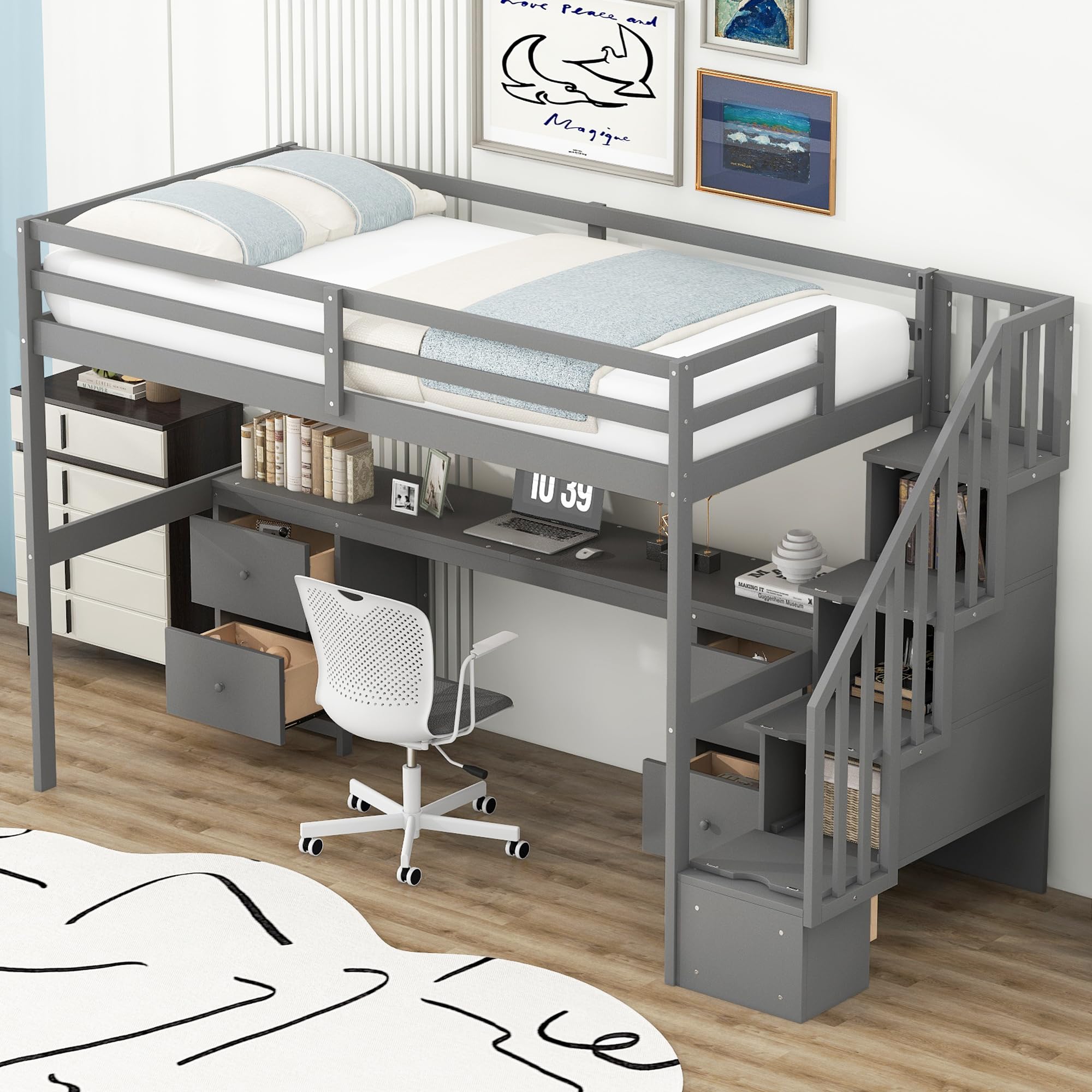 Harper & Bright Designs Twin Size Loft Bed with Storage Stairs and Built-in Desk, Wood Twin Loft Bed with Double Storage Drawers, Space Saving Junior Loft Bed for Kids Girls Boys, Grey