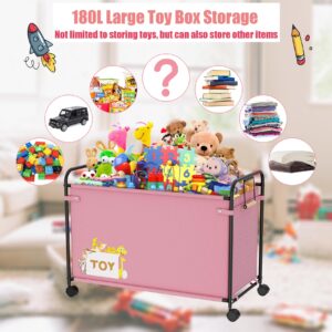 AIJIAMEIER 180L Kids Extra Large Toy Box with Wheels & Handle, 31.5” x 15.7” x 23.2” Big Toy Chest for Boys Girls, Toy Storage Organizer for Stuffed Animals, Playroom, Living Room Area(Pink, 1PC)