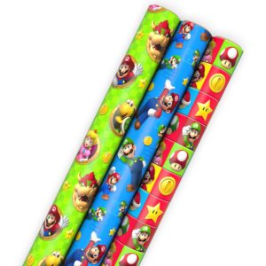 hallmark nintendo super mario birthday wrapping paper rolls for kids birthdays, christmas, any occasion (set of 3 rolls: 60 sq. ft. total) mario, luigi, yoshi, bowser, princess peach, toad