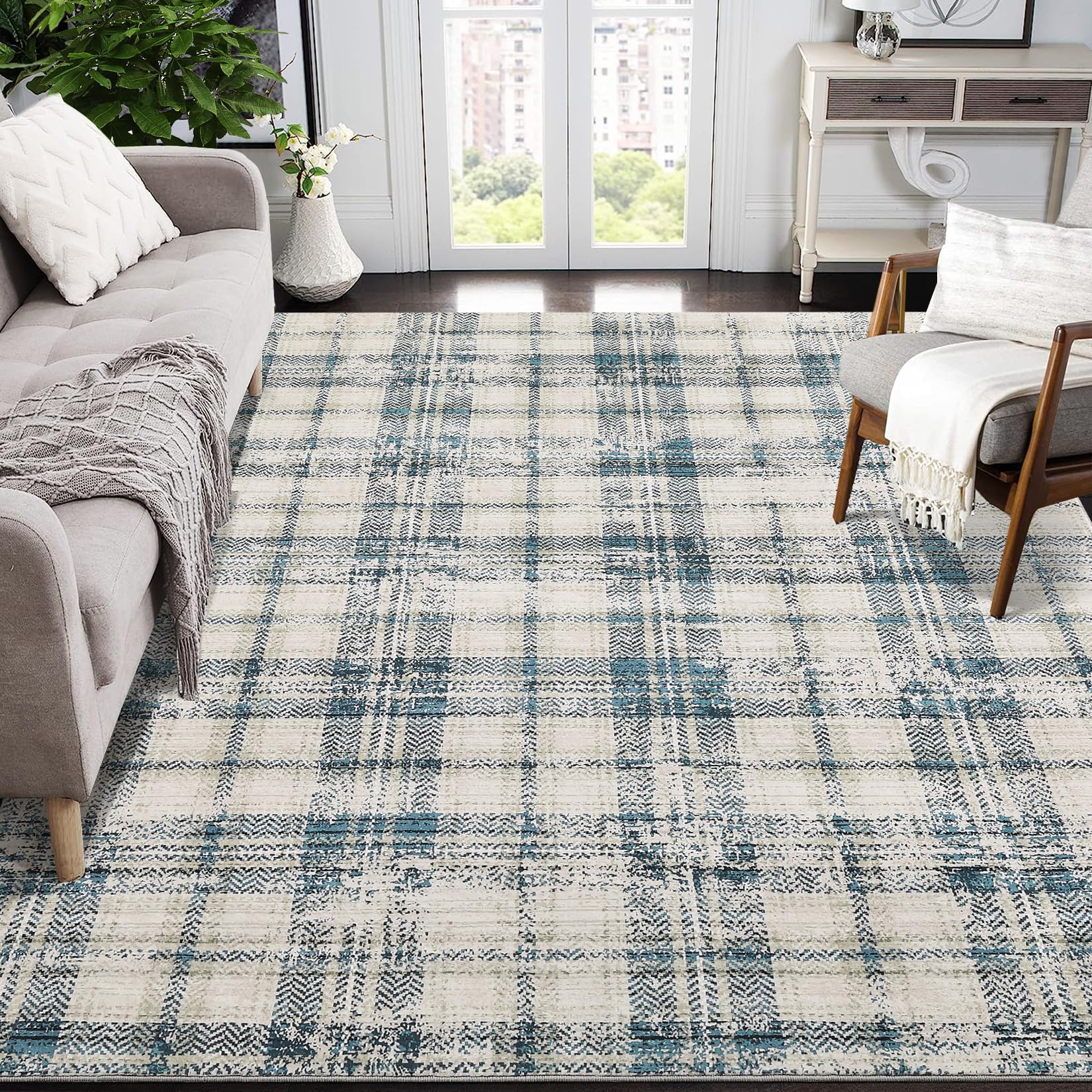 LUXLOOM Modern Plaid Washable Rug 8x10 Area Rugs for Living Room Soft Bedroom Rug Tartan Large Area Rug Non Shedding Non Slip Throw Rugs Stain Resistant Carpet for Nursery Office 8'x10' Green/Beige