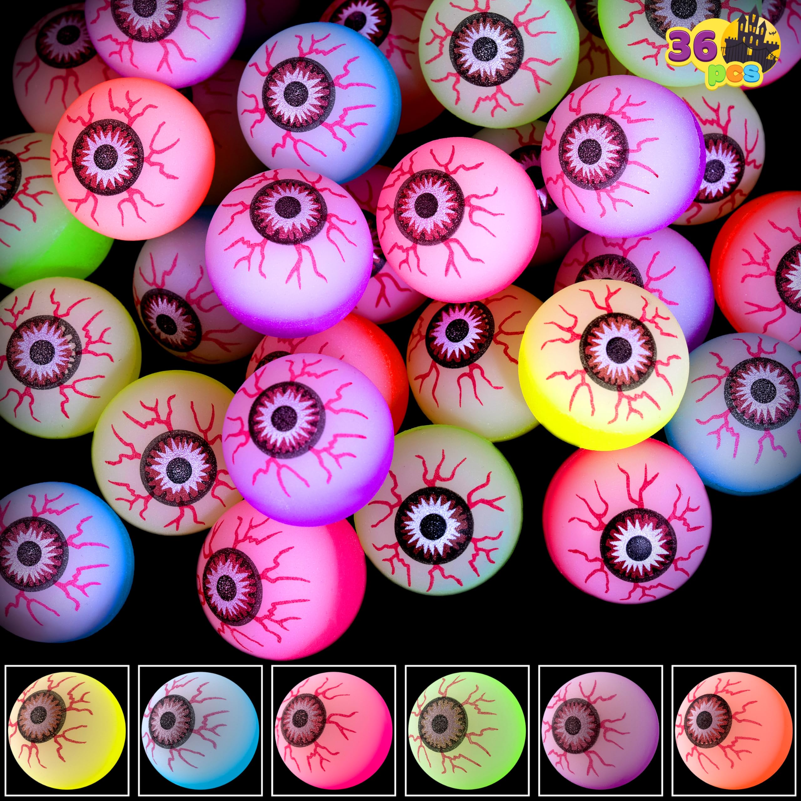 JOYIN 36 PCS Halloween Glow Eyeball Bouncy Ball, Glow in The Dark Bouncing Balls for Halloween Party Favors, Glowing Bounce Ball for Party Decorations, School Classroom Game Prizes Kids Gift