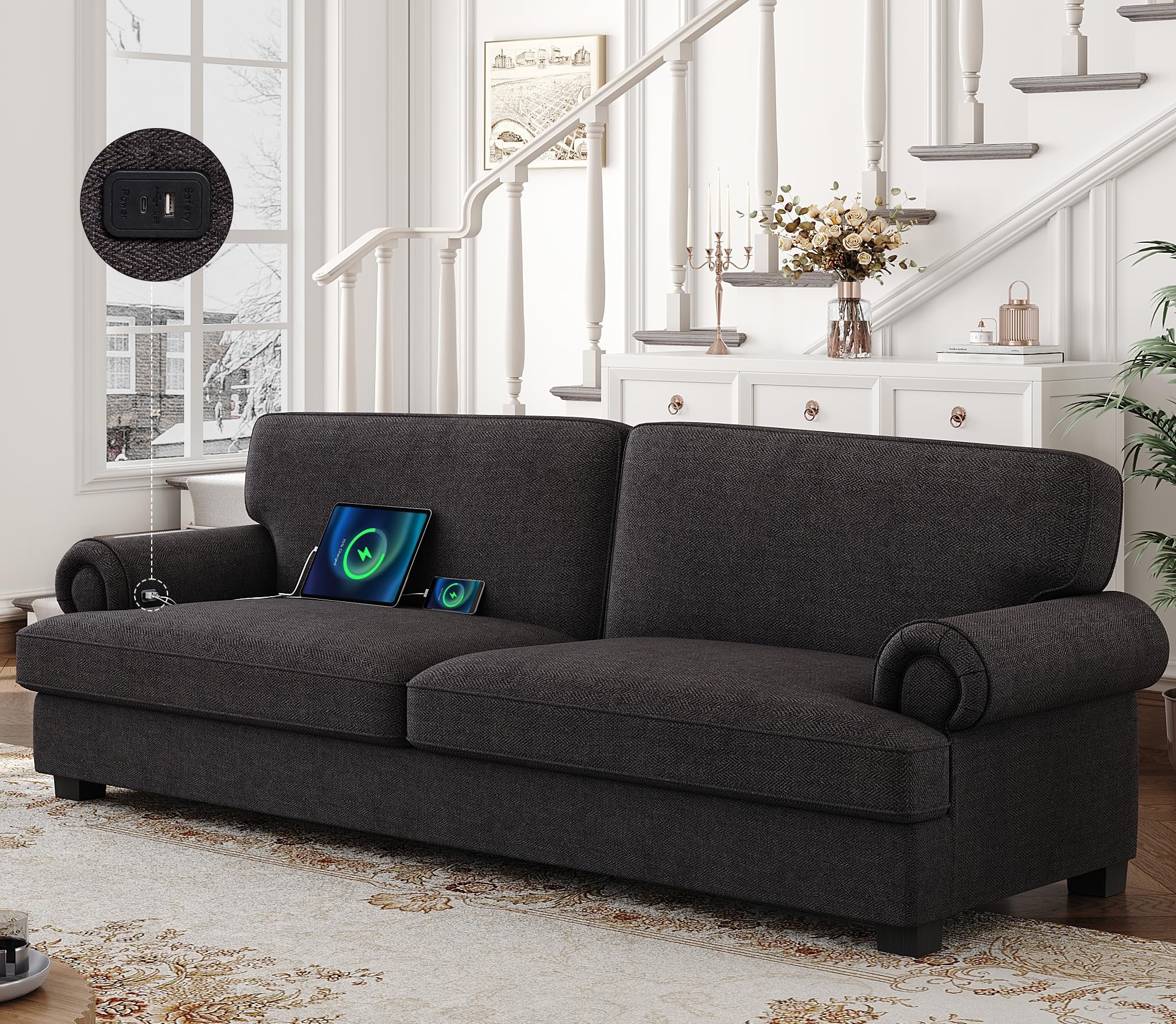 HIFIT 85in Sofa, Comfy Sofa Couch with 3 Extra Deep Seats and 2 USB Charging Ports, Modern Sofa Couches for Living Room, Wide Rolled Arms, Grey 34" D x 85" W x 35" H