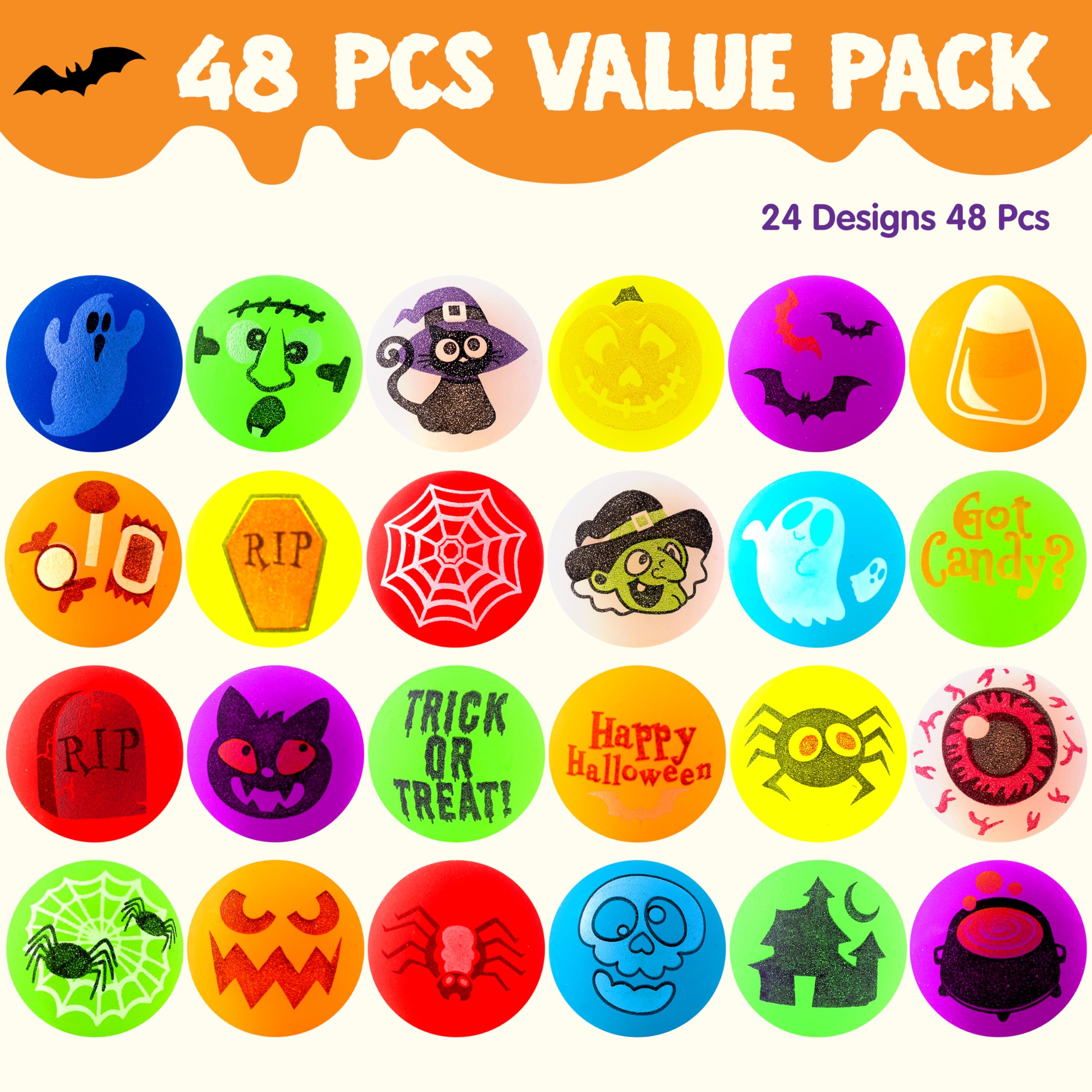 JOYIN 24 PCS Glow Halloween Bouncing Balls, Glowing Bouncy Ball Halloween toys for Kids Gift, Halloween Party Favors Bounce Ball Goodie Bag Fillers, Trick or Treats Classroom Exchange Prizes