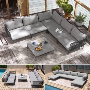 vredhom patio furniture set, outdoor patio furniture oversized metal patio sectional sofa, 6-seat conversation set with cushion for indoor and outdoor, black frame & dark grey mat (6 seats 8 armrests)