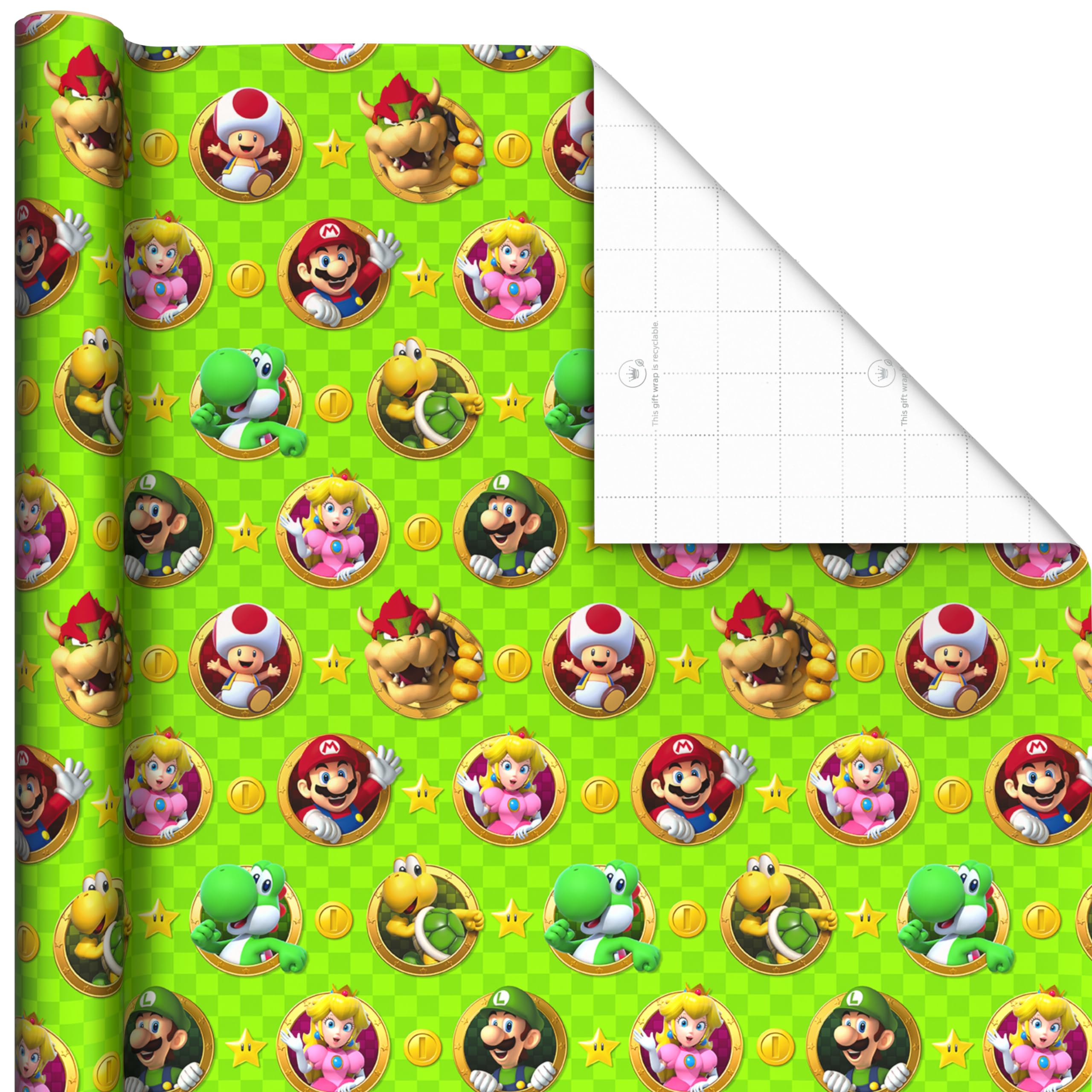 Hallmark Nintendo Super Mario Birthday Wrapping Paper Rolls for Kids Birthdays, Christmas, Any Occasion (Set of 3 Rolls: 60 Sq. Ft. Total) Mario, Luigi, Yoshi, Bowser, Princess Peach, Toad