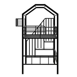 BOVZA Twin Size House Loft Bed with Stairs and Roof, Kids Metal Low Loft Bed Frame with a Storage Box and Saftey Guardrails for Teens Boys, Black+White