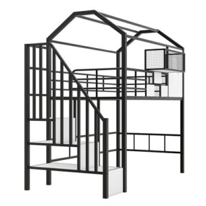 BOVZA Twin Size House Loft Bed with Stairs and Roof, Kids Metal Low Loft Bed Frame with a Storage Box and Saftey Guardrails for Teens Boys, Black+White