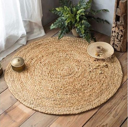 India Artistic Jute Braided Boho Area Rug, Natural Hand Woven Jute Rag Rug- Farmhouse Reverisible Rug Rustic Cotton Jute Rug Home Décor Vibrant Rag Rugs (3 Feet Round)