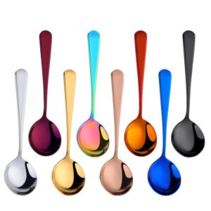 broth round spoon set, 8-piece reusable stainless steel dinner table cereal soup spoon, camping ramen spoons