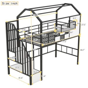 BOVZA Twin Size House Loft Bed with Stairs and Roof, Kids Metal Low Loft Bed Frame with a Storage Box and Saftey Guardrails for Teens Boys, Black+White