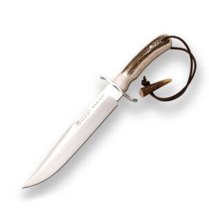 joker bowie hunter’s knife 9.45” cc139 with stainless guard, deer antler handle, straight blade of 9.25 inches, 554 gr, brown leather sheath, tool for fishing, hunting, camping and hiking