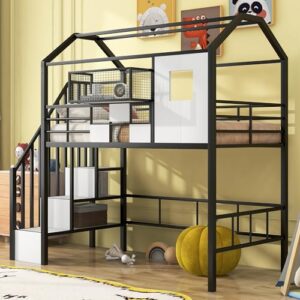 BOVZA Twin Size House Loft Bed with Stairs and Roof, Kids Metal Low Loft Bed Frame with a Storage Box and Saftey Guardrails for Teens Boys, Black+White