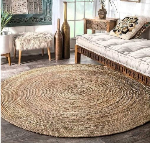 India Artistic Jute Braided Boho Area Rug, Natural Hand Woven Jute Rag Rug- Farmhouse Reverisible Rug Rustic Cotton Jute Rug Home Décor Vibrant Rag Rugs (3 Feet Round)