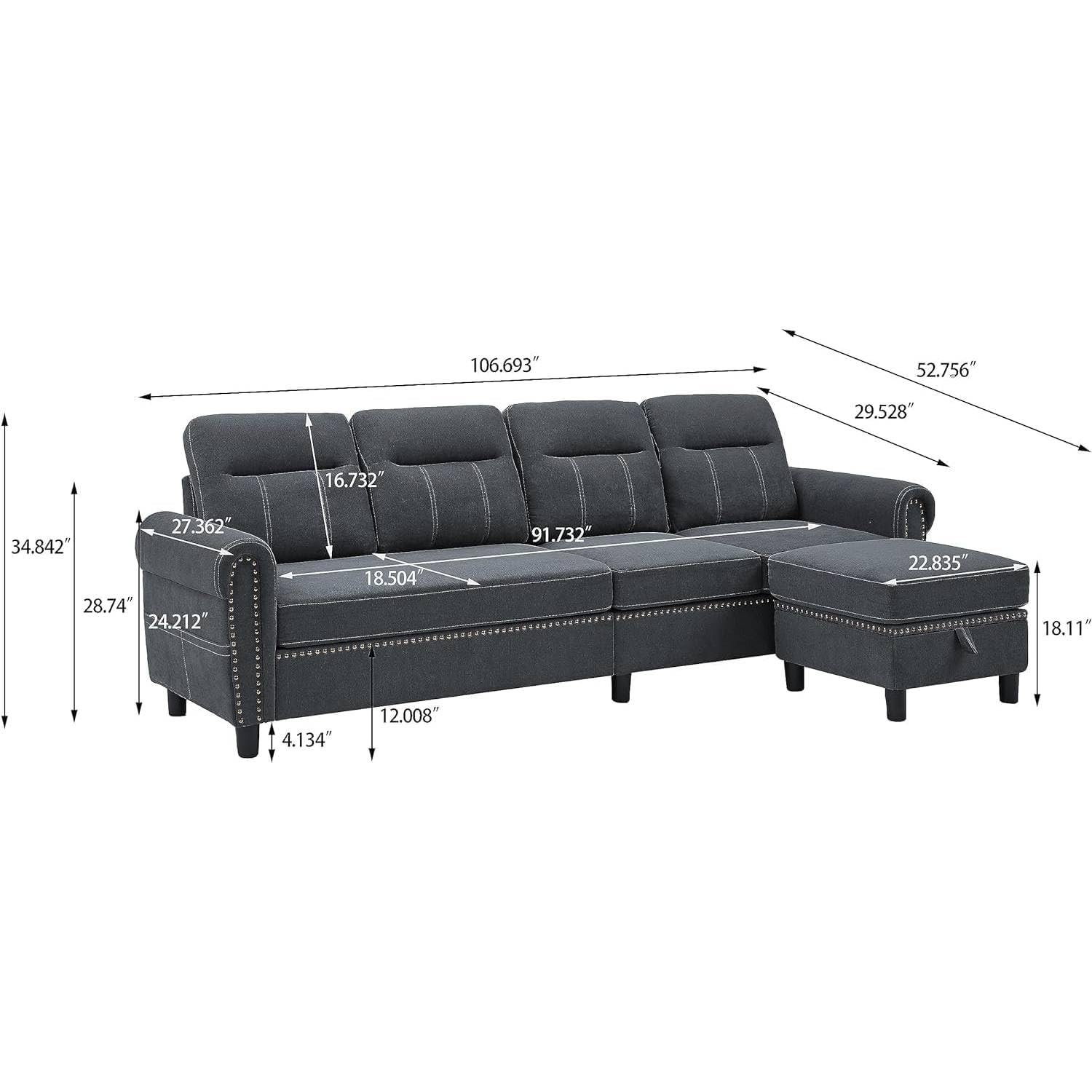 Enobala 107" Convertible Sectional Sofa with Storage Ottoman, 4 Seat L Shaped Sofa Couch for Living Room (Dark Grey)