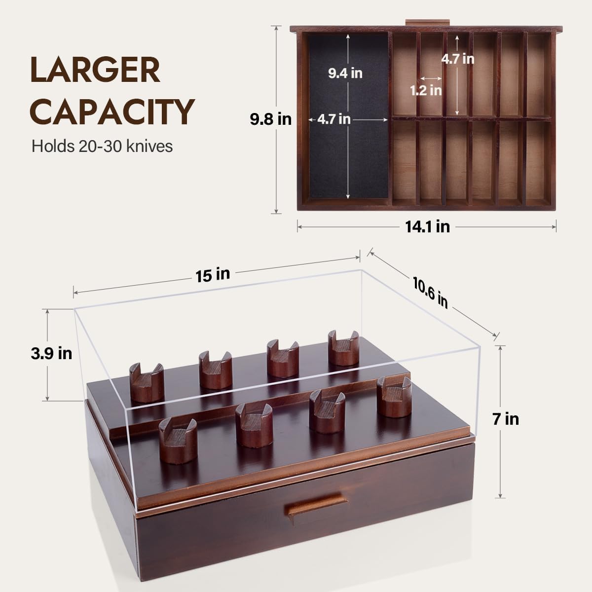 ULTRGEE Knife Display Case, Pocket Knife Collection Display Holder, Folding Knife Wooden Showcase Display Organizer Storage with Drawers and UV Resistant Acrylic Cover, Surprise Gift for Men