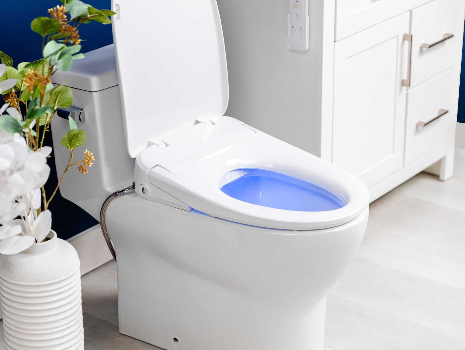 ALPHA BIDET iX Pure Bidet Toilet Seat in Elongated White | Ultra Low Profile | Endless Warm Water | Arced Stainless Steel Nozzle | Blue LED Nightlight | Dryer