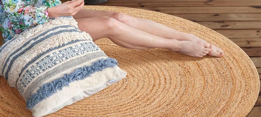 India Artistic Jute Braided Boho Area Rug, Natural Hand Woven Jute Rag Rug- Farmhouse Reverisible Rug Rustic Cotton Jute Rug Home Décor Vibrant Rag Rugs (3 Feet Round)