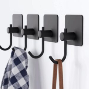 gwaazxgz adhesive towel hooks for bathroom- black sticky hooks for hanging towel, coat, self adhesive hooks for bathroom, kitchen, living room, 4 pack