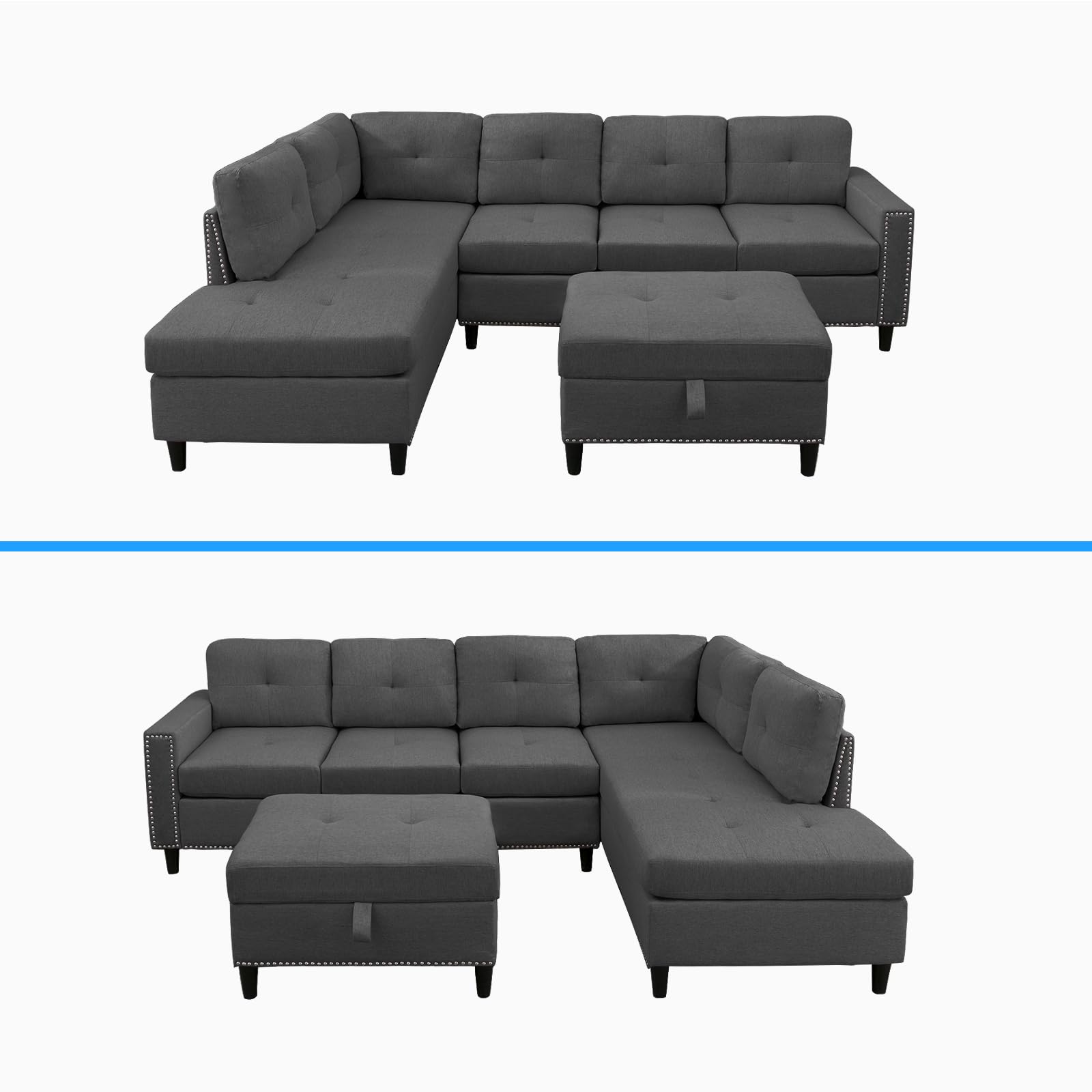 PUREMIND Modular Sectional Sofa, Convertible L Shaped Sectional Couches with Reversible Storage Ottoman for Living Room, Linen 5 Seats U Shaped Sofa Sleeper with Cup Holder (Dark Grey)