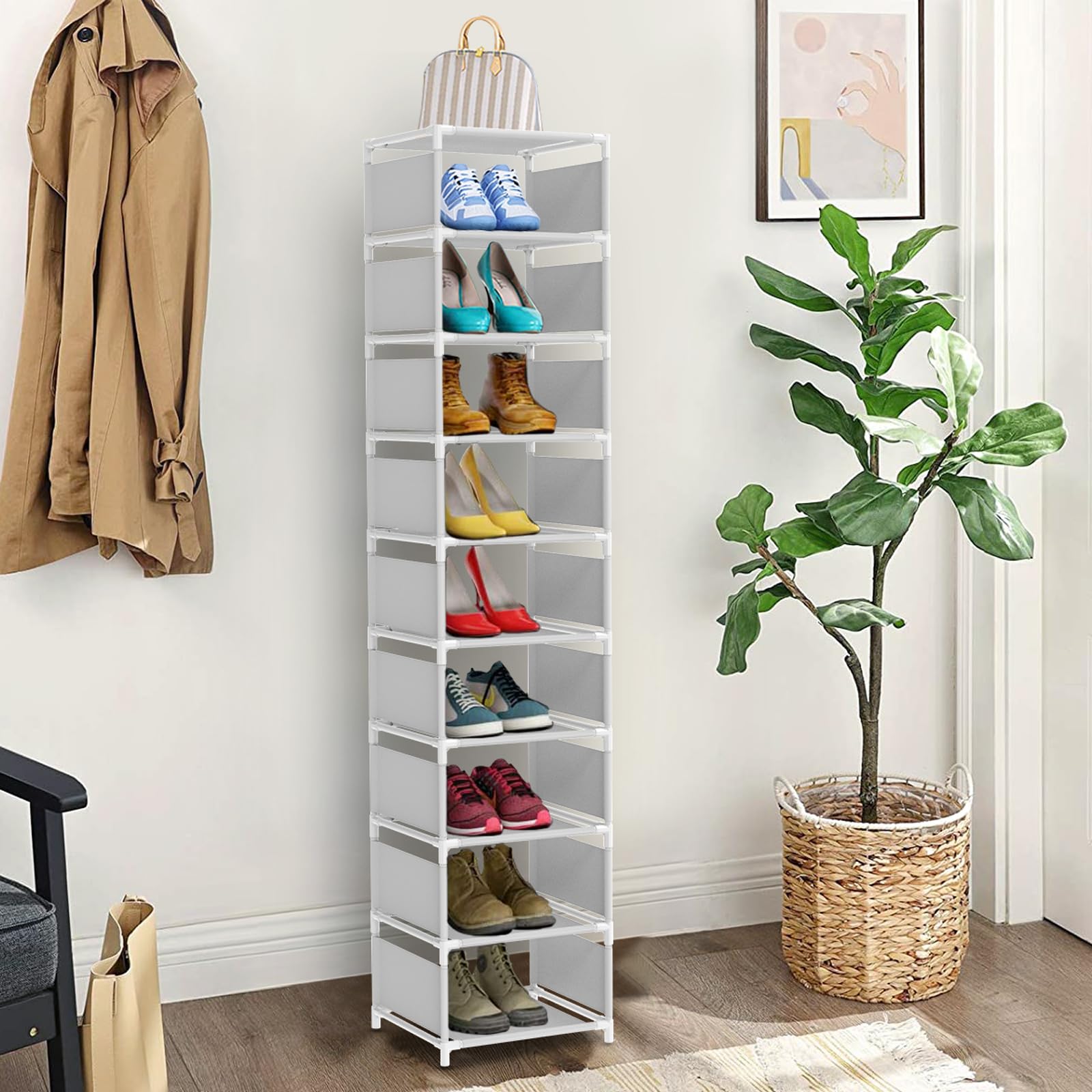 esonstyle 10 Tiers Shoe Rack, Space Saving Shoe Shelf Organizer, Tall Narrow Shoe Rack for Door Entryway, Closet