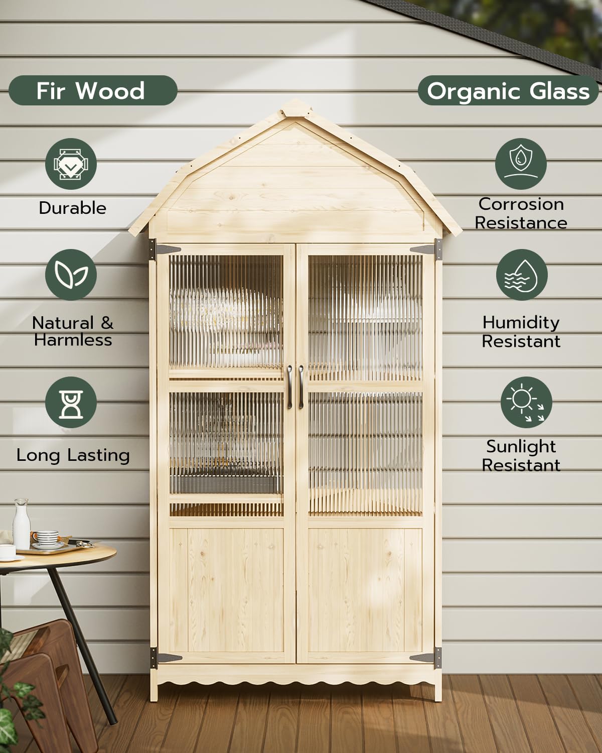 Oarlike Wooden Outdoor Storage Cabinet, 71" Weatherproof Garden Shed with Shelves, Waterproof Roof, Tool Storage for Patio/Backyard/Lawn/Pool (Natural Wood)