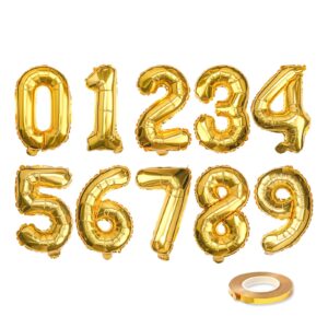 [10] 16" number gold foil balloons 0-9 set, mylar aluminum hanging numbers for graduation birthday party decorations christmas new year eve (10 pcs)