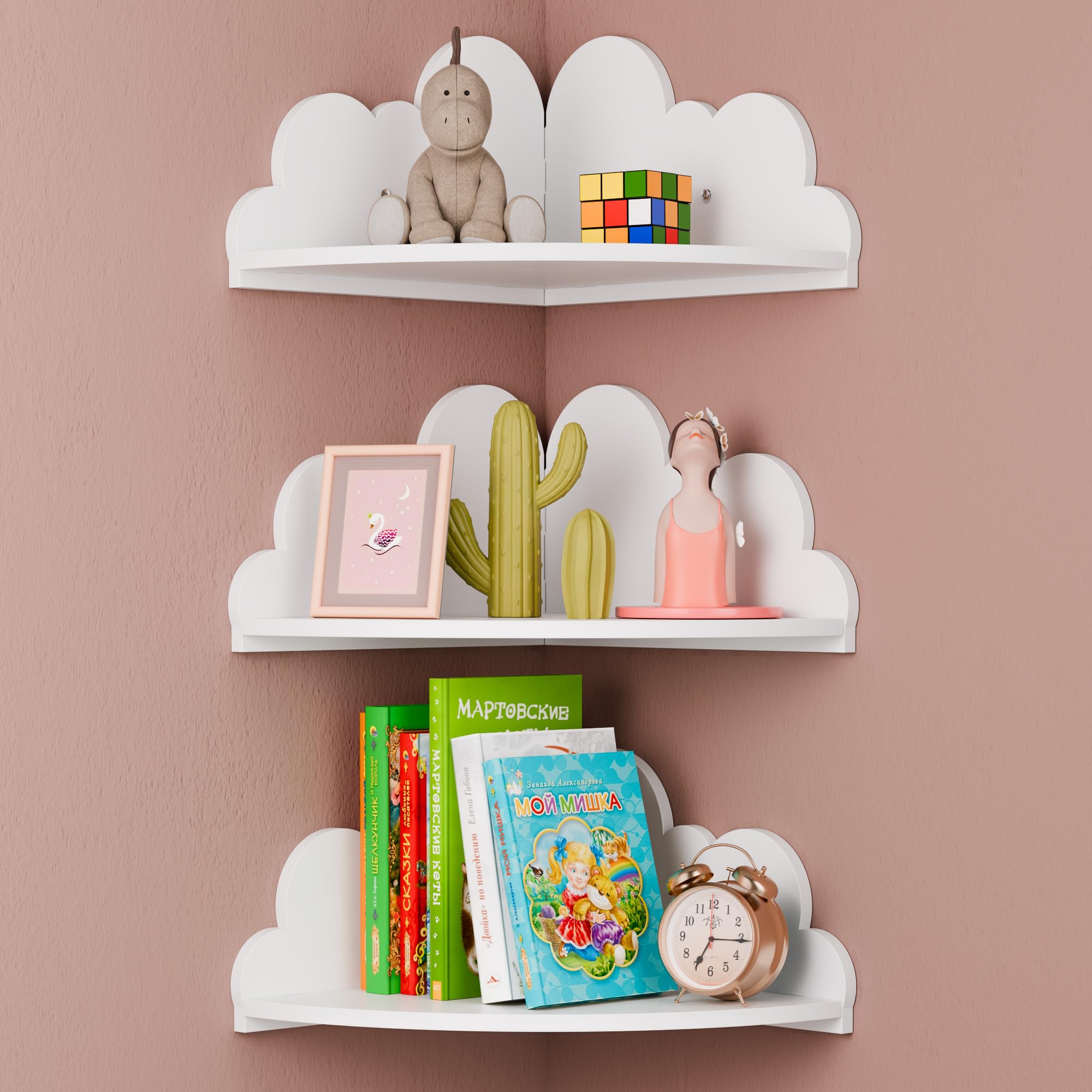 Beskadi Cloud Floating Corner Shelves - Set of 3 Cloud Corner Wall Shelves for Kid’s Room, White Corner Shelf Nursery Wall Deor, Small Cute Cloud Dispaly Shelf Wall Mounted for Toys, Plants & Storage.