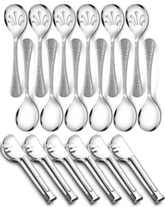 teivio hammered stainless steel metal serving utensils set of 18, 10" serving spoons, 10" slotted spoons, 9" serving tongs, large hostess serving set for parties chafing dish buffet catering (silver)