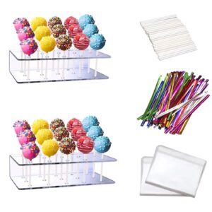 muutuol 2pcs clear acrylic cake lollipop display stand with 100 candy sticks, 100 wrappers and 100 colorful twist ties kit, 15 holes cake pop stand for birthday, anniversary and halloween decoration