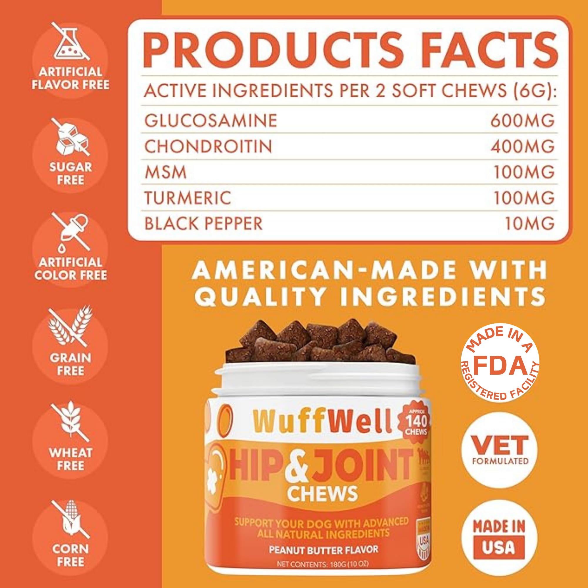 WuffWell Dog Hip and Joint Supplement - Pain and Inflammation Relief Chews with Glucosamine, Chondroitin, MSM, Turmeric - 140ct - Treats Hip Dysplasia, Arthritis - Dogs Chewable Supplements - USA Made