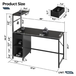 Bestier Gaming Computer Desk with Drawer, 48 inch LED Gaming Desk with Shelves, Adjustable Storage Shelves, and Headphone Hook for Bedroom and Small Spaces, Carbon Fiber Black