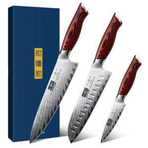 hoshanho 3 pieces damascus kitchen knife set ultra-sharp knives set, professional chef knife set with g10 ergonomic handle,gift box