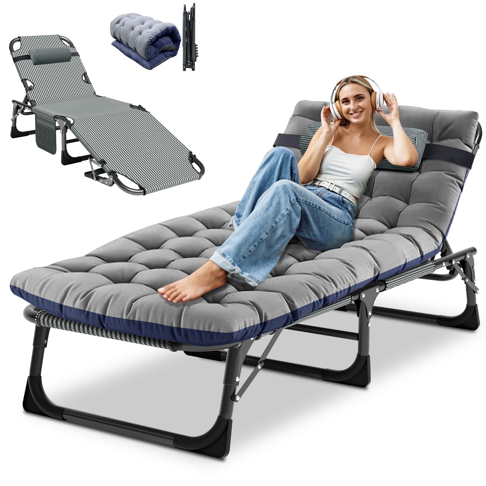 DoCred Folding Chaise Lounge Chair, Folding Cot, 5-Position Adjustable Heavy Duty Patio Chaise Lounges for Outside, Poolside, Beach, Lawn, Camping