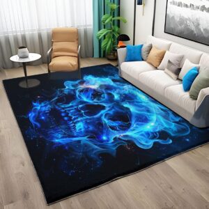 generic machine washable area rug non-shedding & easy care horror theme, skull, blue flames rugs for living room, dining, kitchen, office, entryway, bedroom, hardwood floor decor 3ft x 5ft