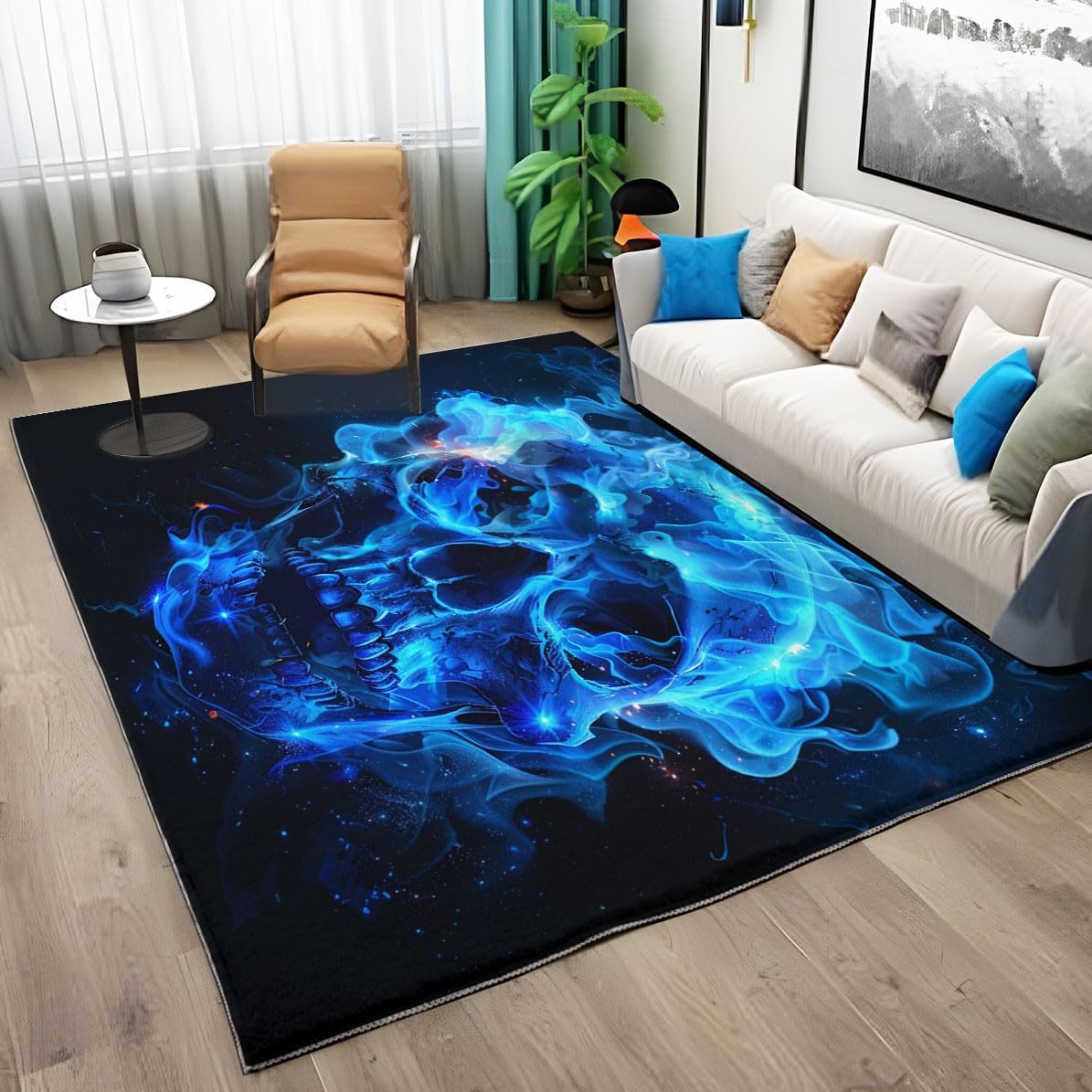 Generic Machine Washable Area Rug Non-Shedding & Easy Care Horror Theme, Skull, Blue Flames Rugs for Living Room, Dining, Kitchen, Office, Entryway, Bedroom, Hardwood Floor Decor 3ft x 5ft