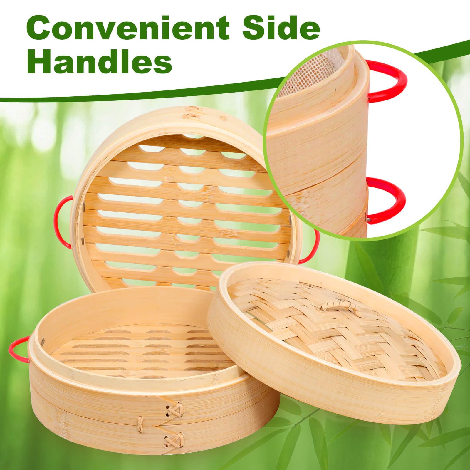 Novellaire 8-Inch Bamboo Steamer - 2 Tier Cooking Basket with Handles, Includes 2 Cotton Liners, 2 Dumpling Molds, 4 Pairs Chopsticks & 4 Sauce Dishes