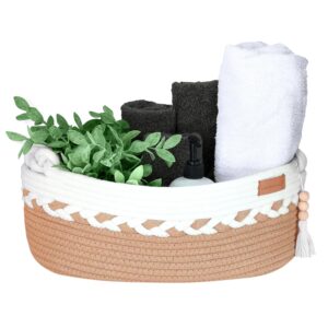 bathroom basket - spacious toilet paper basket for back of toilet - 14" x 6.5" x 5" back of toilet basket - toilet basket tank topper w/removable tassel - braided toilet tank basket w/knot handles