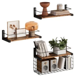 ironck floating shelves for wall storage, bathroom shelves with protective metal guardrail and wire basket towel bar, for bathroom, kitchen, bedroom, living room, office,vintage brown