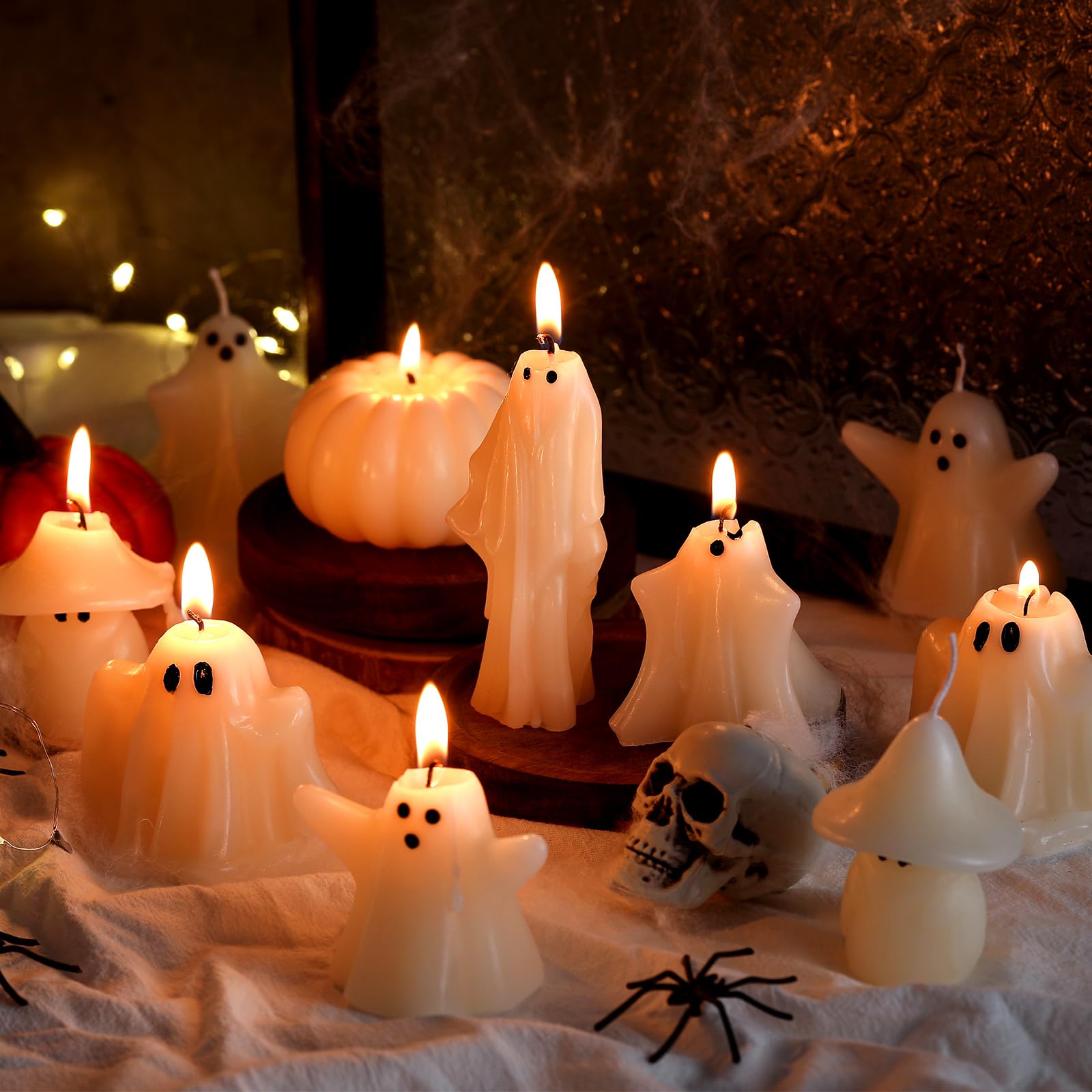 MTLEE 12 Pcs Halloween Ghost Candles Large White Spooky Candle Halloween Decoration Candles Novelty Horror Ghost Pumpkin Decorative Burning Candle for Halloween Party Table Home Decor