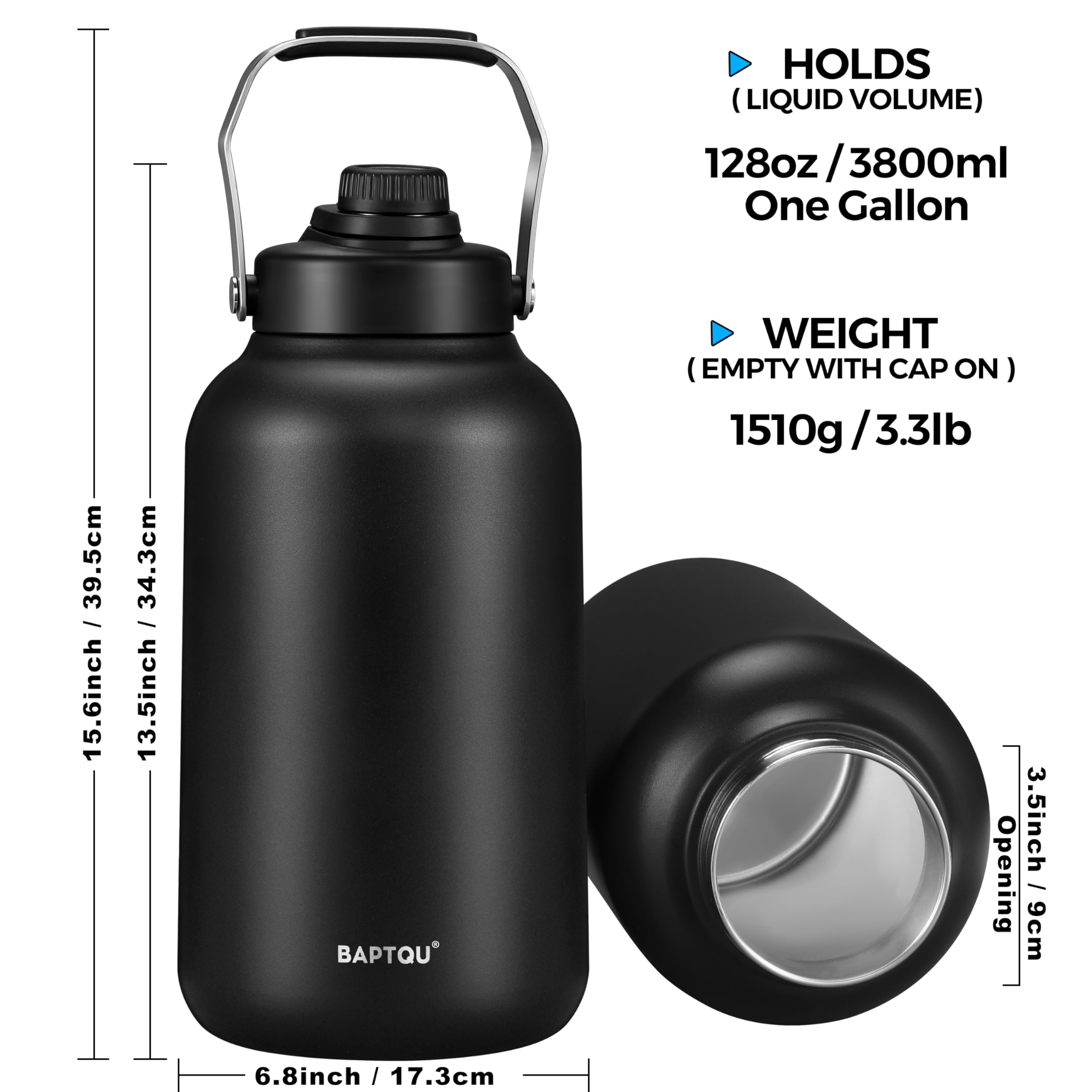 BAPTQU 1 Gallon Water Bottle Insulated, Triple Insulation Big 1 Gallon Water Jug 128 oz Insulated Water Bottle with Handle, Metal Large Insulated Water Jug One Gallon Stainless Steel Water Bottles