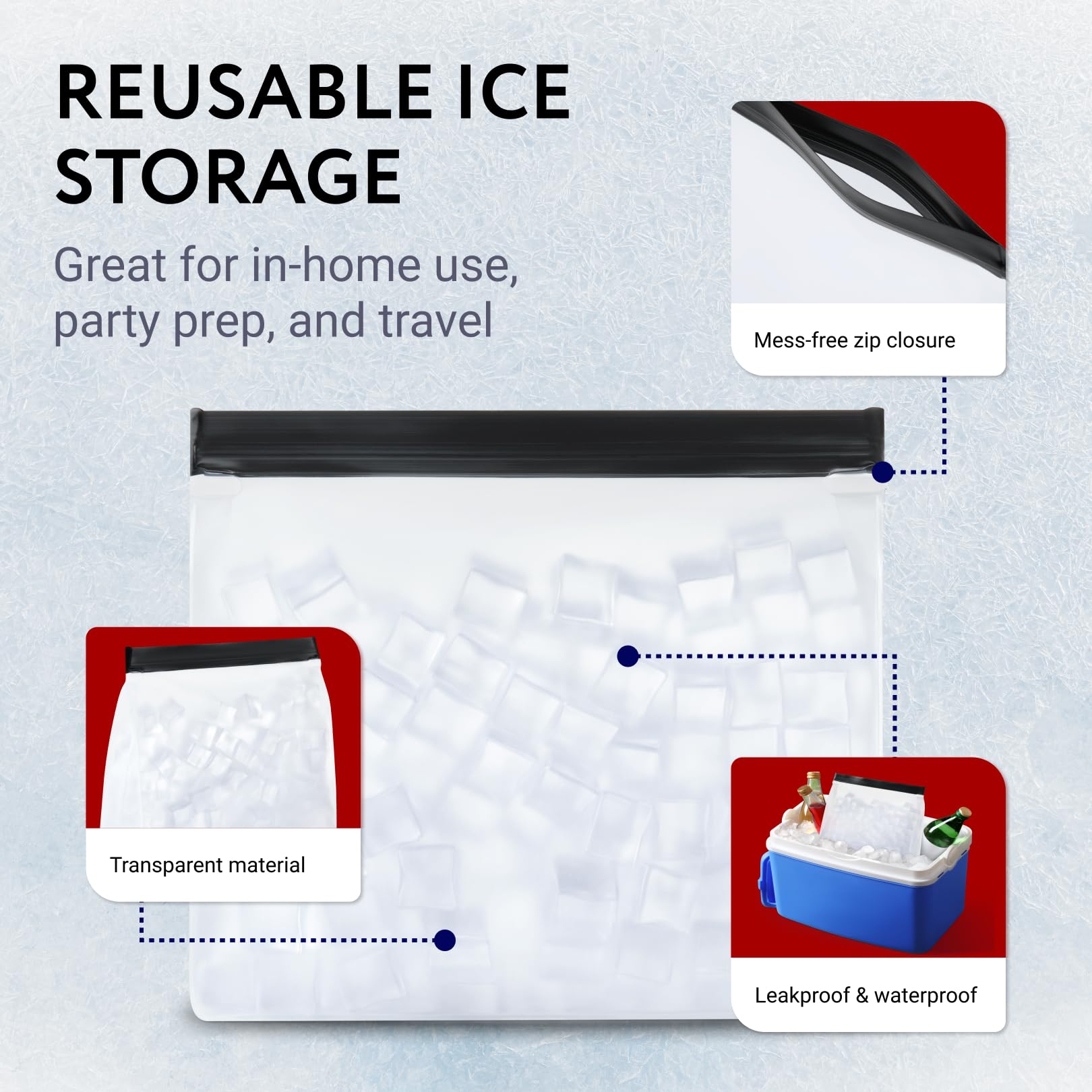 [3 Pack] Reusable Ice Bag Set with Secure Zip Close Design - Durable Ice Bags for Ice Machine Models & Fridges - 10”x9”x3” Ice Storage Bags - Leak Proof Ice Bags Reusable Design - 9lb Total Capacity