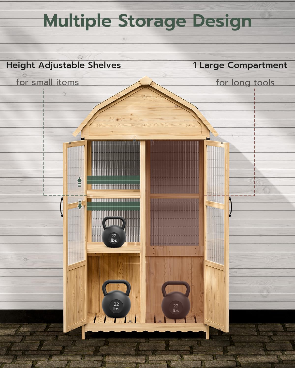 Oarlike Wooden Outdoor Storage Cabinet, 71" Weatherproof Garden Shed with Shelves, Waterproof Roof, Tool Storage for Patio/Backyard/Lawn/Pool (Natural Wood)