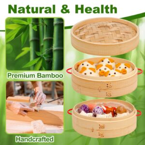 Novellaire 8-Inch Bamboo Steamer - 2 Tier Cooking Basket with Handles, Includes 2 Cotton Liners, 2 Dumpling Molds, 4 Pairs Chopsticks & 4 Sauce Dishes