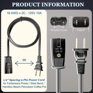 HASMX 6ft Power Cord for West Bend Slow Cooker 84114 84124 Electric Cord 2 Pin 1/2 Inch Spacing Also Fits Many Rice Cookers and Other Small Appliances