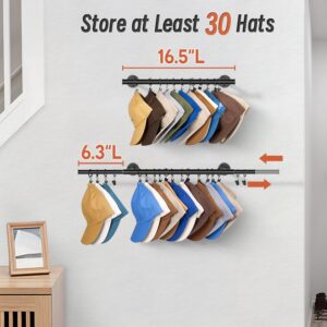 AOODA Adjustable Hat Rack for Wall, Hold up to 30 Caps Hat Organizer for Baseball Caps, Metal Wall Mounted Hat Holder Hanger for Closet, Bedroom, Set of 2, Black