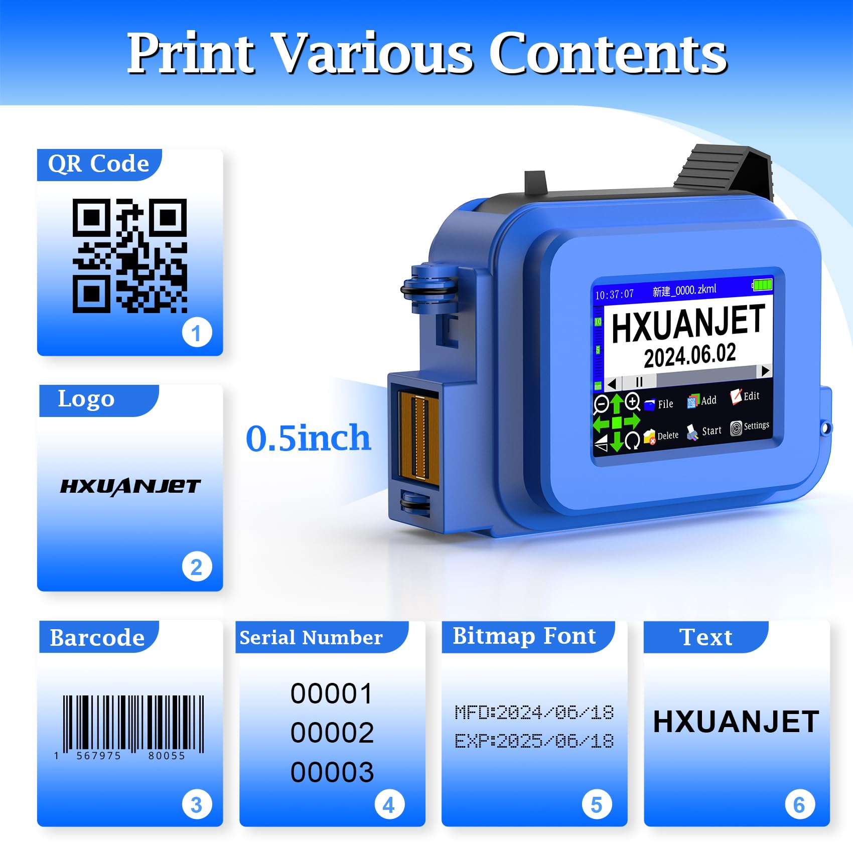 HXUANJET MINI127 Portable Handheld Inkjet Printer,Mini Handheld Printer with Quick-Drying Ink Pocket Inkjet Coding Machine for Logo/QRcode/Barcode/Production Date/Batch Series Number etc