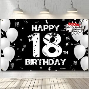 phxey 18th birthday decoration for men women, fabric happy 18th birthday backdrop banner black white, 18 year old birthday party yard sign photo booth props decor supplies for boys girls