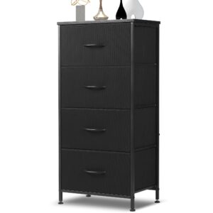 dumos dresser for bedroom, 4 storage drawers, tall fabric closet chests organizer tower furniture with wooden top metal frame for clothes, kids room, living room, hallway, entryway