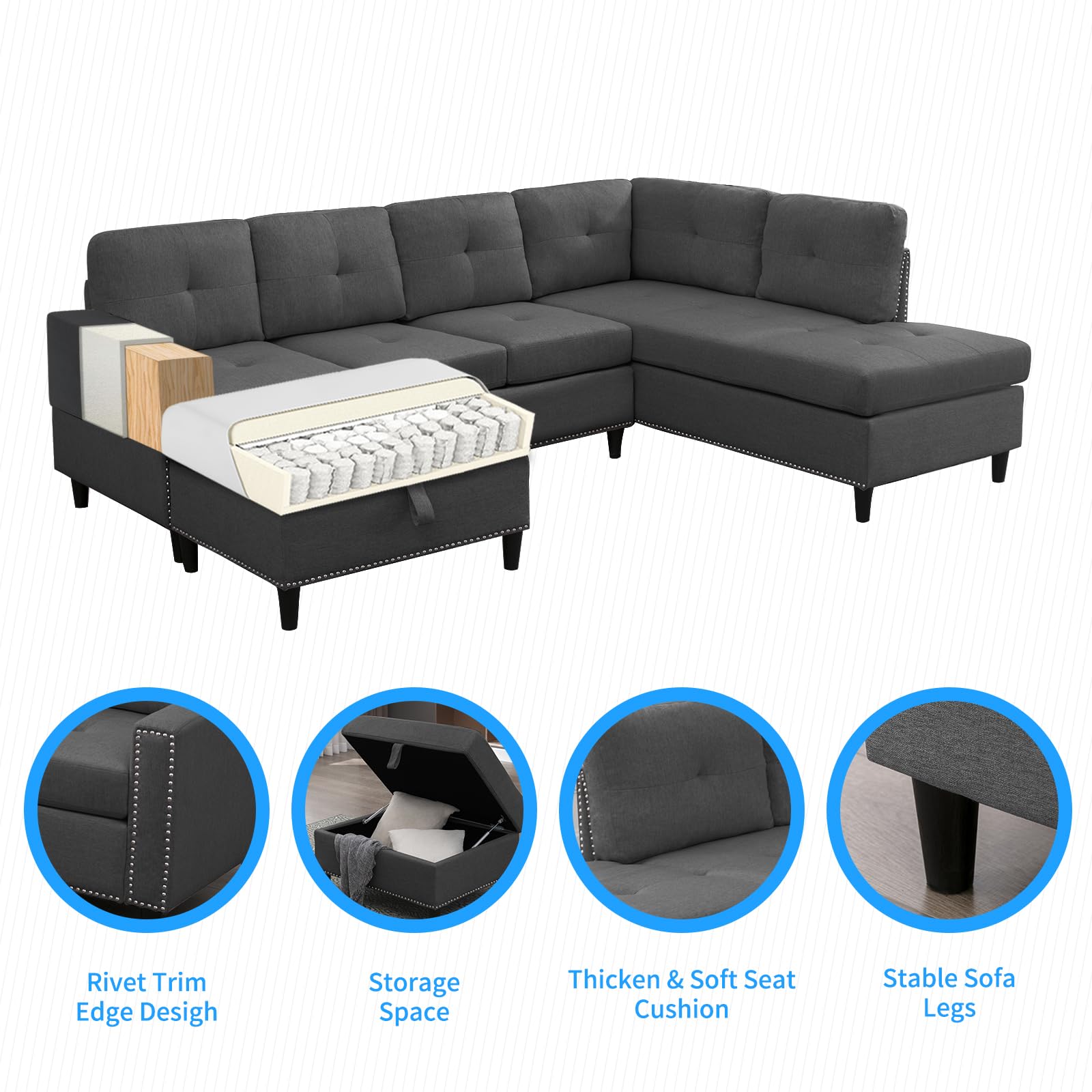 PUREMIND Modular Sectional Sofa, Convertible L Shaped Sectional Couches with Reversible Storage Ottoman for Living Room, Linen 5 Seats U Shaped Sofa Sleeper with Cup Holder (Dark Grey)